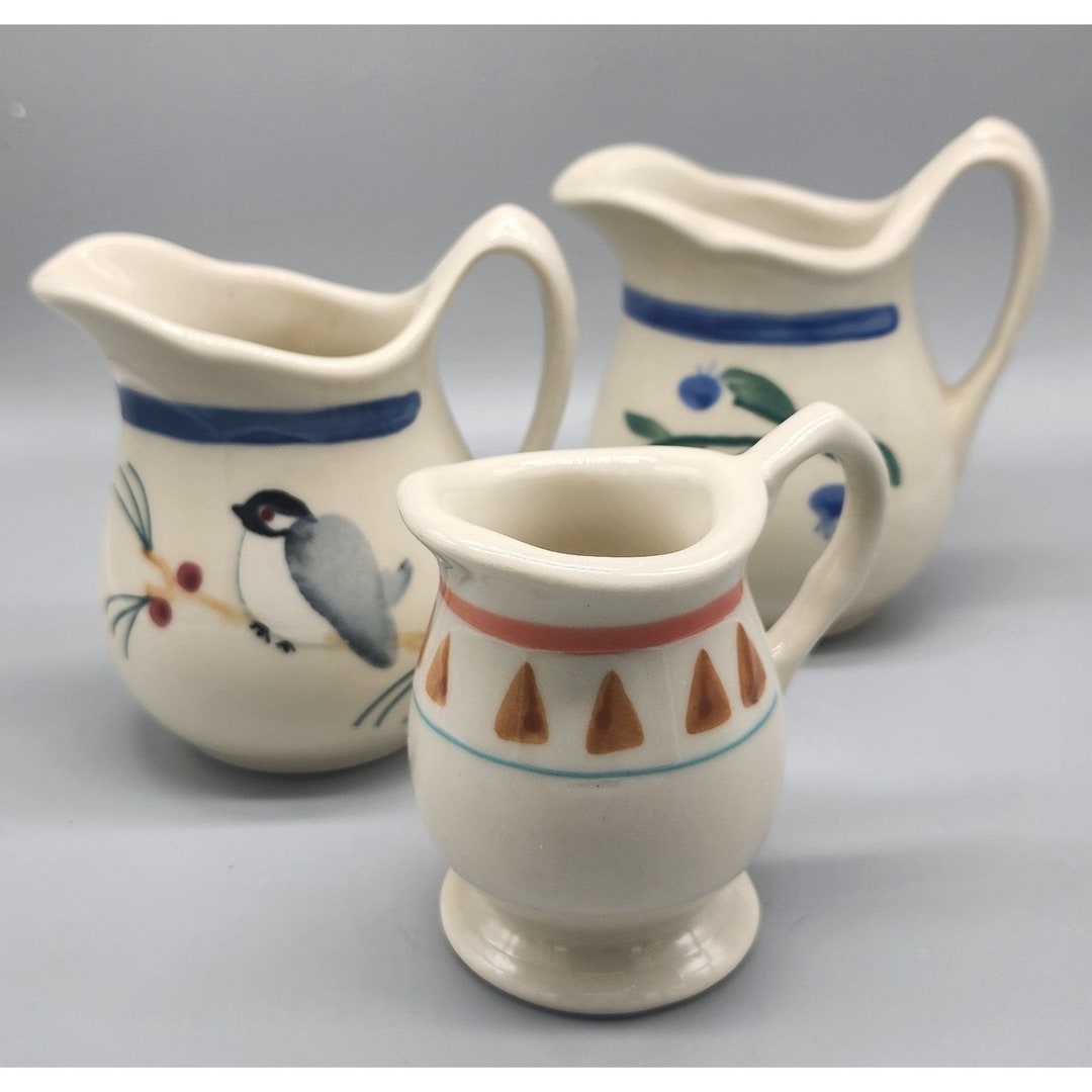 Hartstone Pottery USA Blueberries Chickadee Santa Fe Ceramic Creamers ...