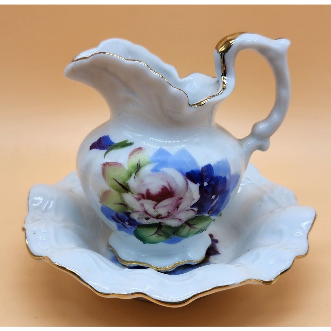 Lefton Japan Hand Rose and Violets Painted Porcelain 4672 Mini Pitcher ...