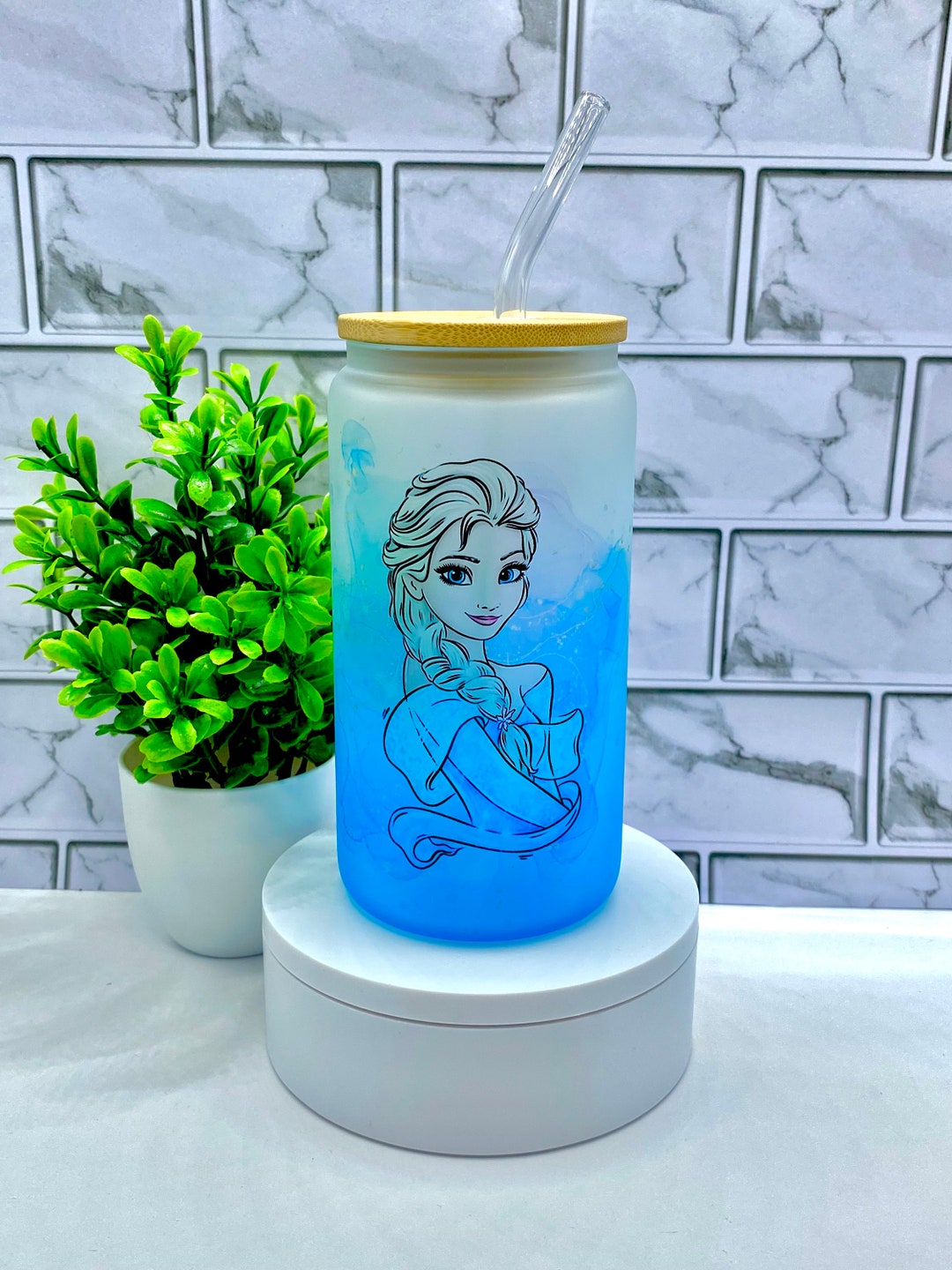 Elsa 16oz Blue Watercolor Frosted Glass Tumbler With Bamboo Lid & Straw ...