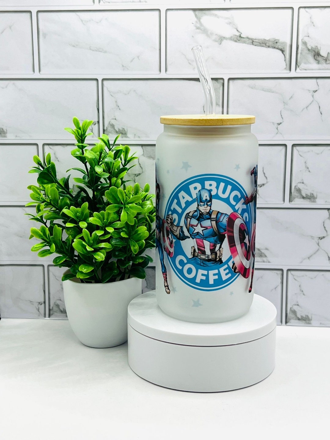 Captain America Frosted Glass Tumbler: Superhero Iced Coffee Cup - Etsy