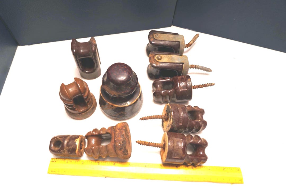 Lot of 10 Antique Ceramic Insulators, Electrical Insulators, Telegraph ...