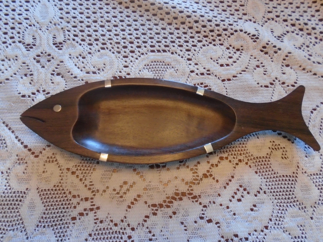 MCM Carved Walnut Fish Shaped Tray With Silver Inlay - Etsy