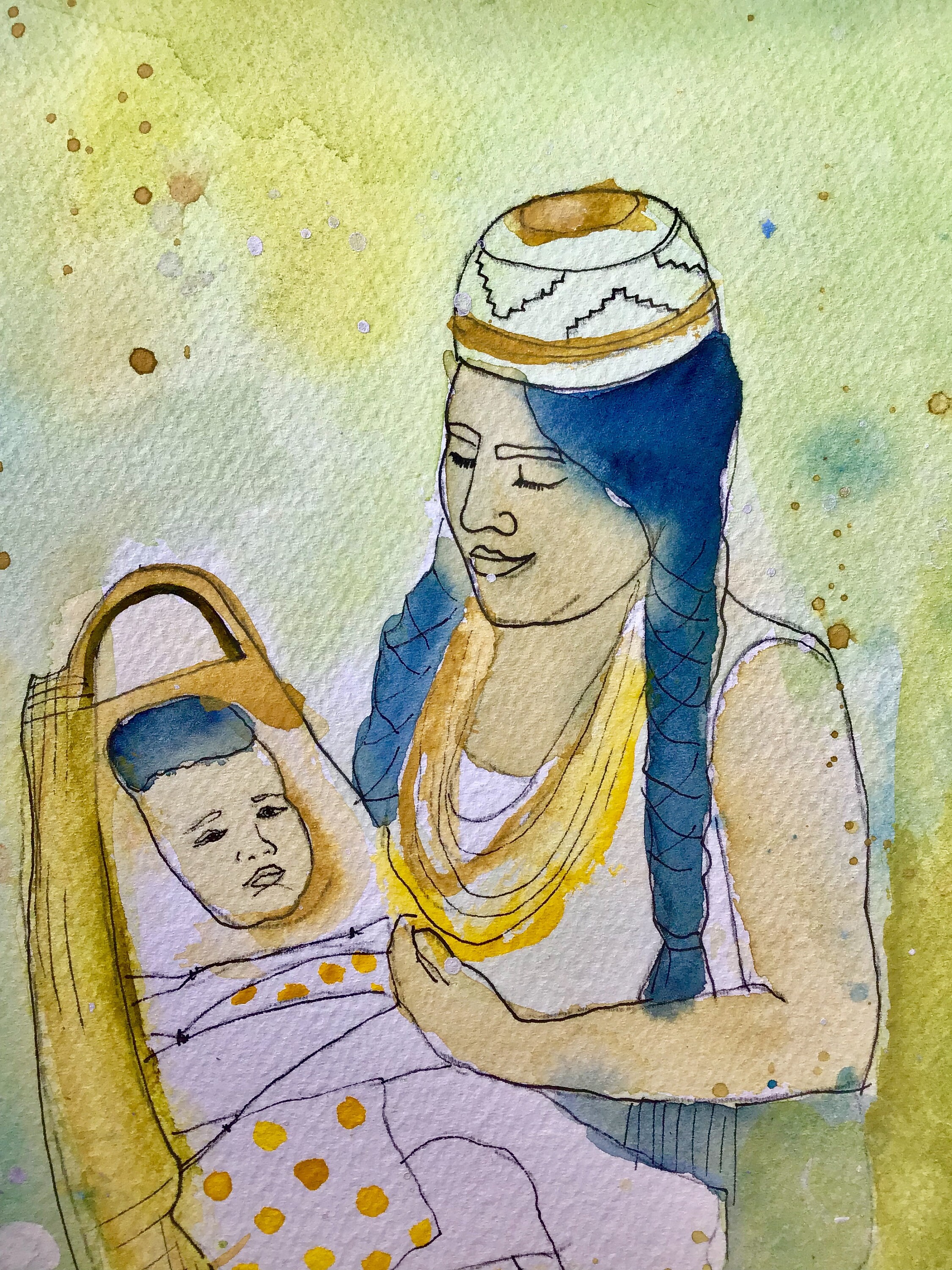 Indigenous Mom and Baby, Aboriginal Art, Native American Child in Karuk ...
