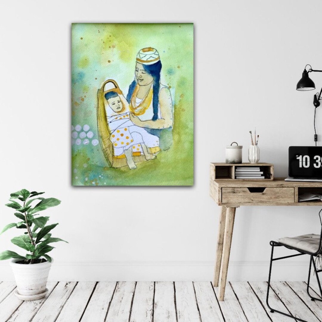 Indigenous Mom and Baby, Aboriginal Art, Native American Child in Karuk ...