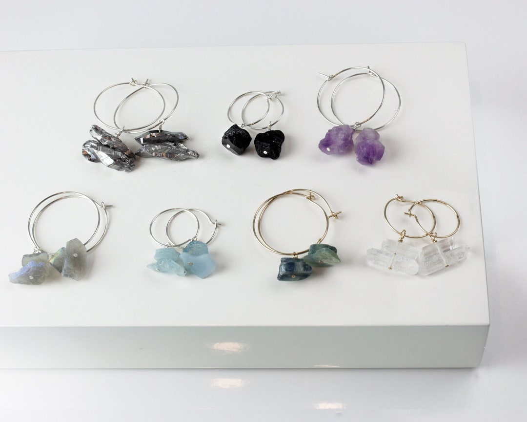 Raw Stone Hoop Earrings: Sterling Silver or Gold Fill, Amethyst, Quartz ...