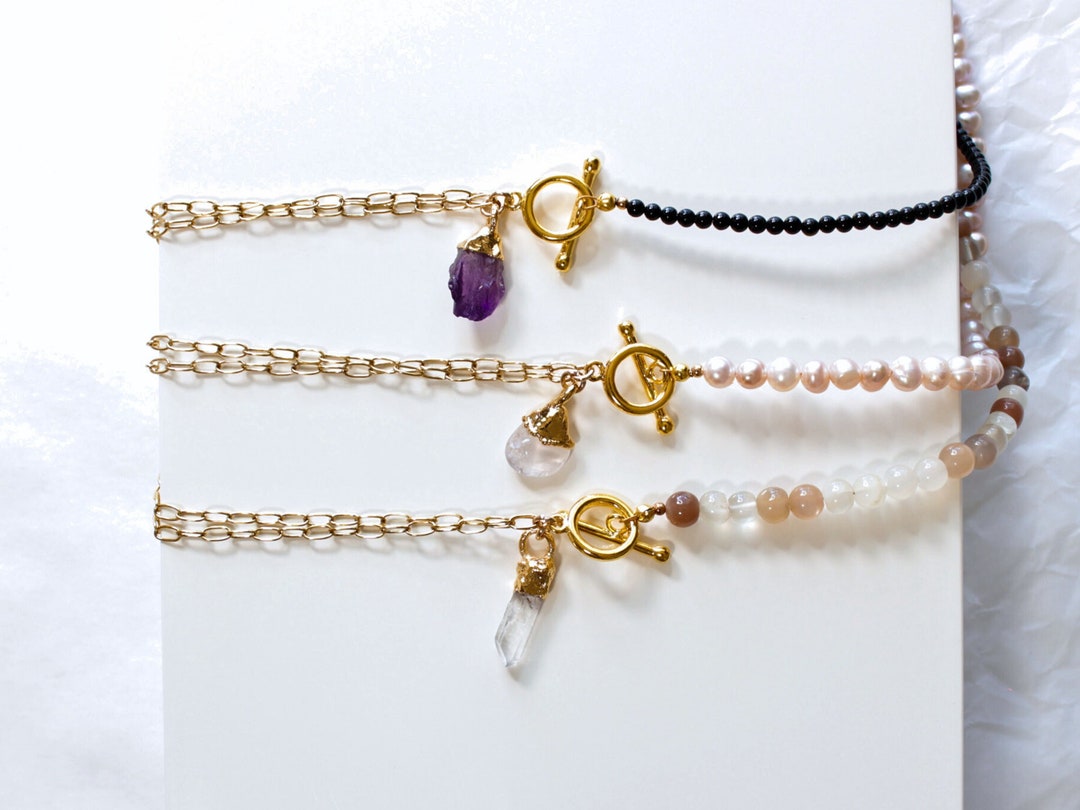 Gemstone Charm Necklace: Gold Paperclip Chain, Toggle Clasp, Handmade ...