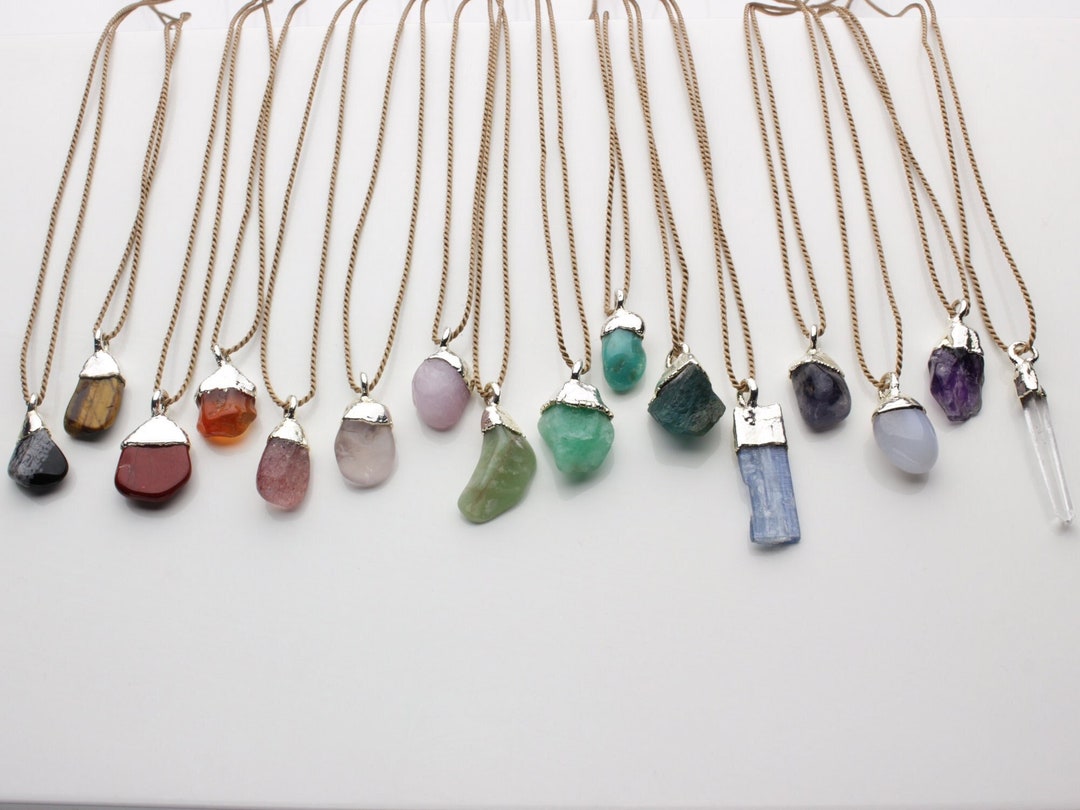 Crystal Pendant Necklace: Natural Stone, Silver, Silk Cord, Chakra ...