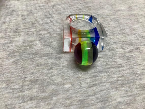 Clear Lucite Rainbow Stripes Color Statement Ring wit… - Gem