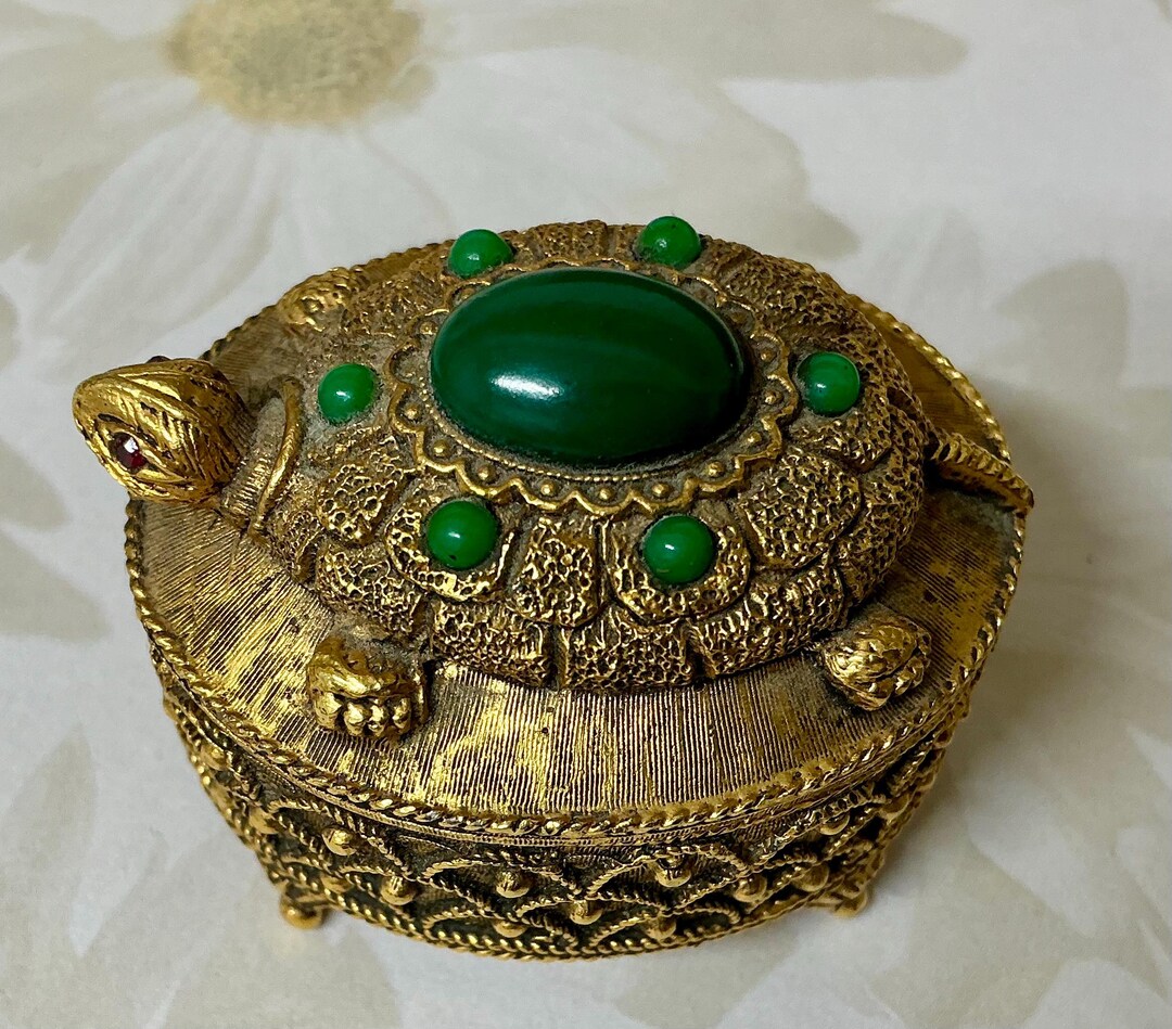 Vintage Florenza Turtle Trinket Pill Box Green Cabochon Gold Tone - Etsy