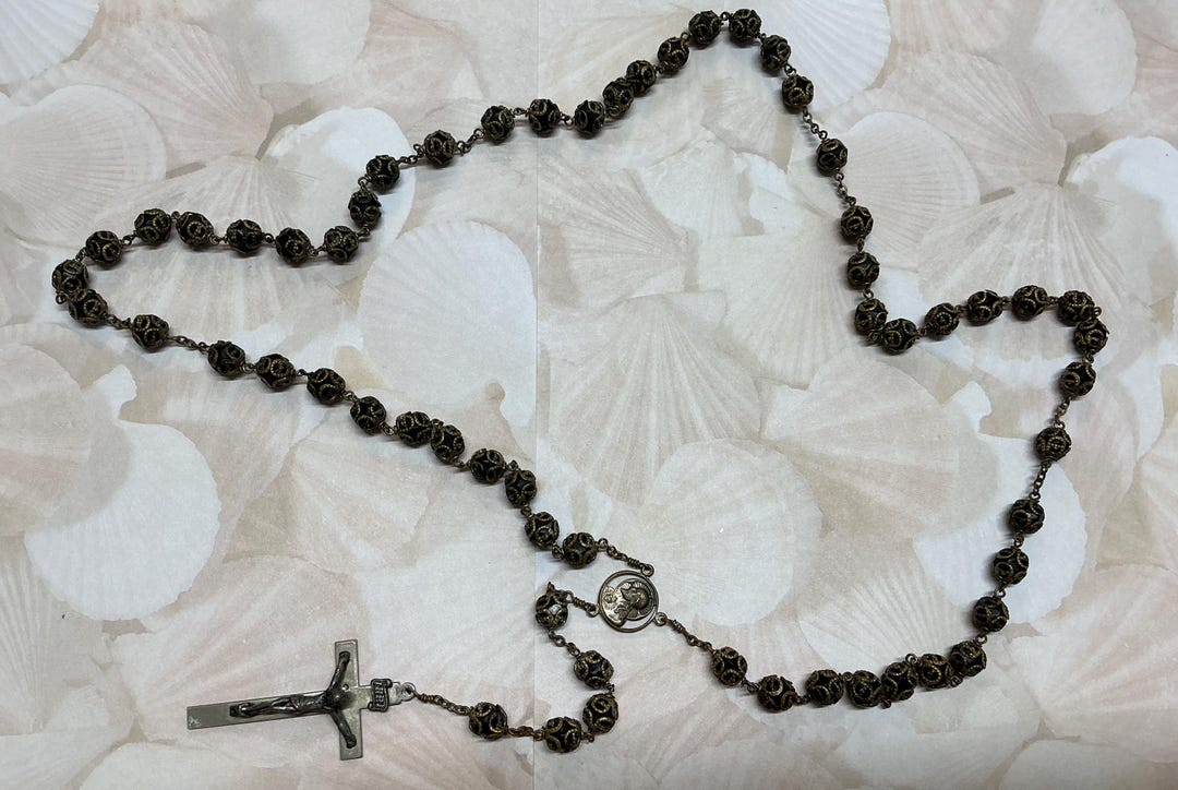 Rosary With Black Beads/stones Capped in Intricate Filigree Vintage ...