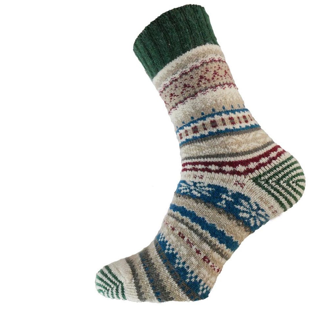 Cream, Blue and Green Nordic Patterned Wool Blend Socks - Etsy UK