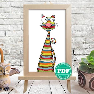Striped Cat Pattern, Funny Animal Pattern, Cross Stitch Cat Pattern ...