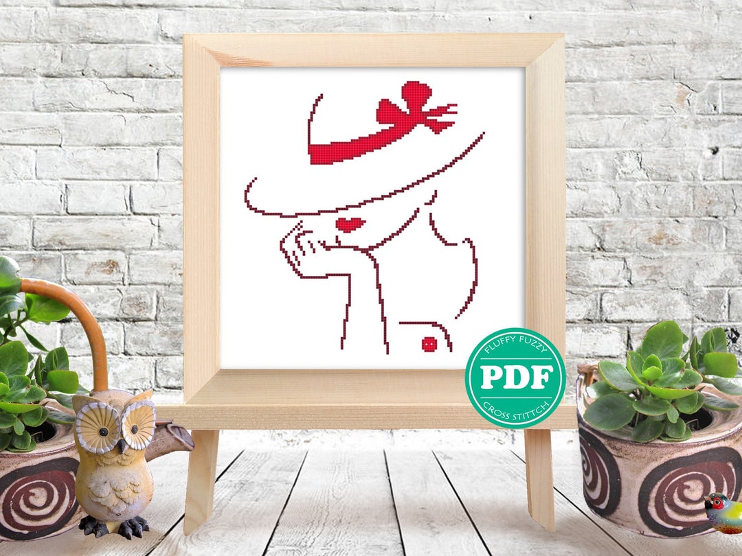 Lady in a Red Hat Cross Stitch Pattern, Elegant Girl Silhouette, Woman ...