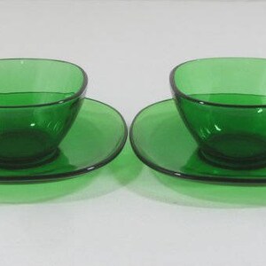 2 green glass cups and saucers vereco tempered glass Vereco | Etsy