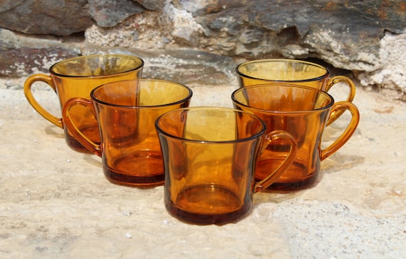 5 Amber Cups Vereco Cups Tempered Amber Glass Espresso Coffee Cups Cafetiere Cups French Vintage Bistro Chic 1970 s 2 Sets Available Etsy