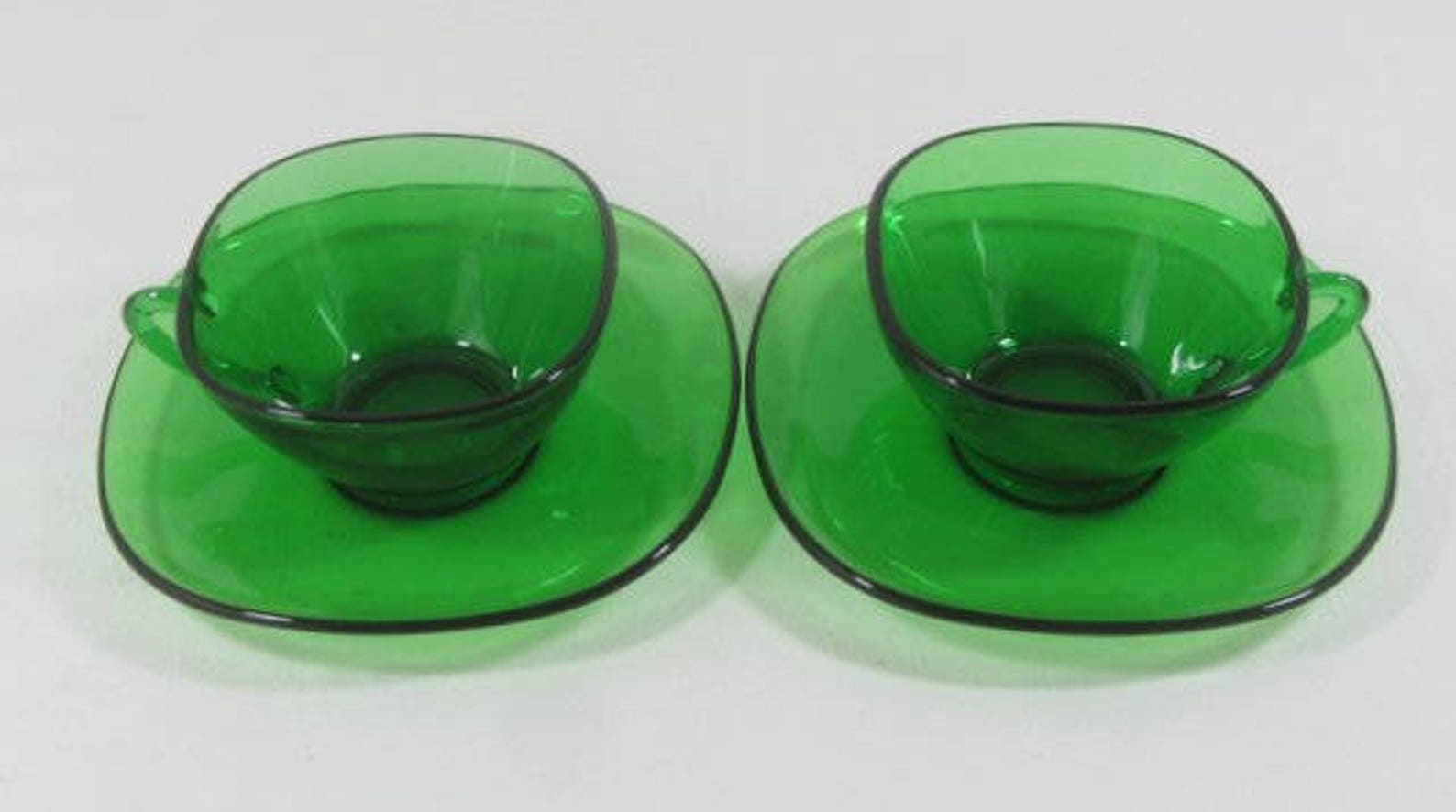 2 green glass cups and saucers vereco tempered glass Vereco | Etsy