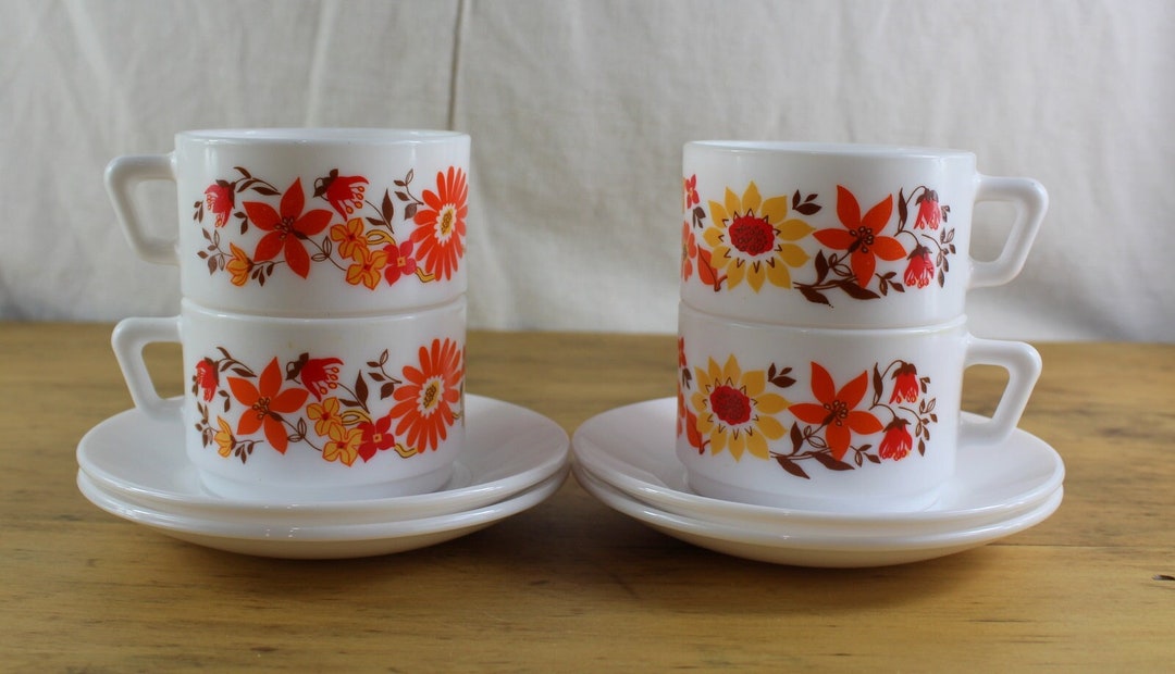 4 Arcopal Cups, Tea or Coffee Cups and Saucers, 25cl, Orange Flower ...