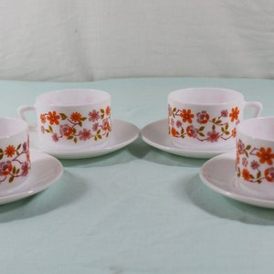 4 Arcopal Cups, 4 Tea Cups, Coffee Cups & Saucers, Scania Orange Flower ...