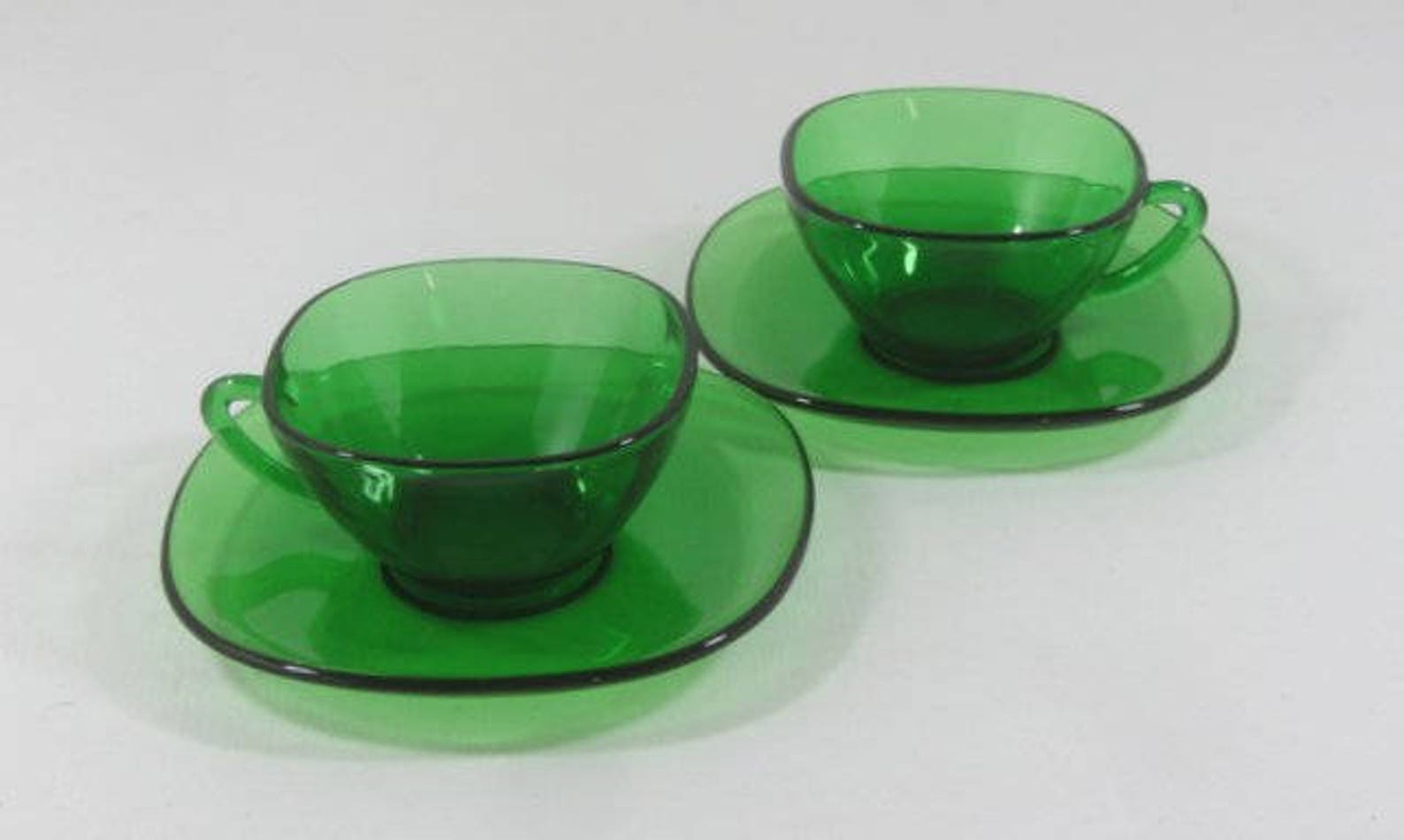 2 green glass cups and saucers vereco tempered glass Vereco | Etsy