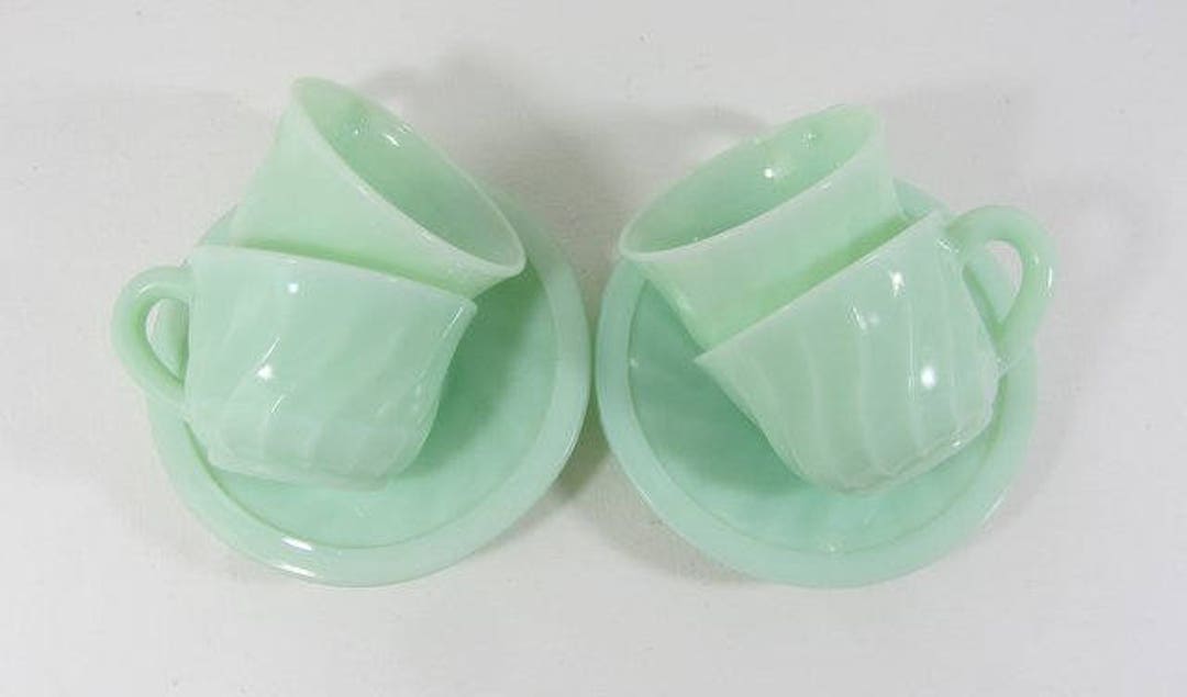 4 Jadeite Cups & Saucers, Green Milk Glass, French Jadeite Cups ...