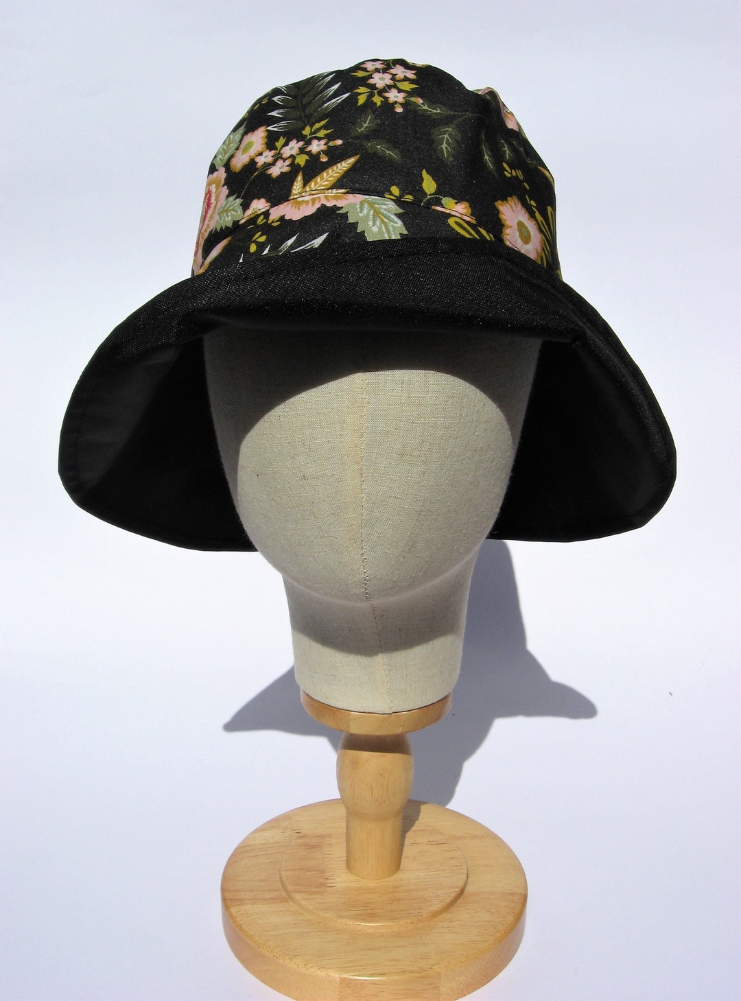 Black Rain Hat, Floral Waxed Hat, Elegant Designer Rain Hat, Medium ...