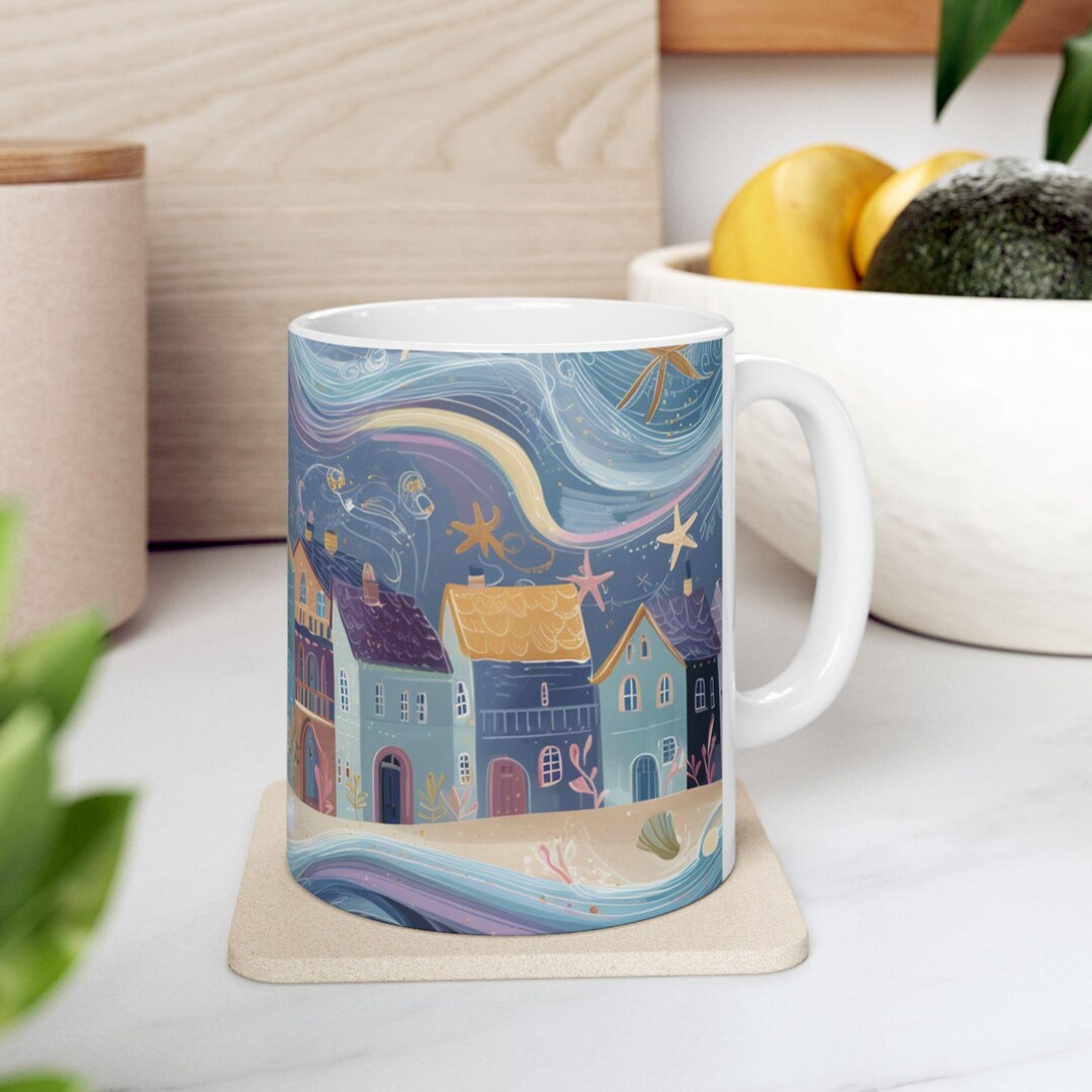 Whimsical Beach Houses Mug, Pastel Shoreline Coastal Coffee Cup ...