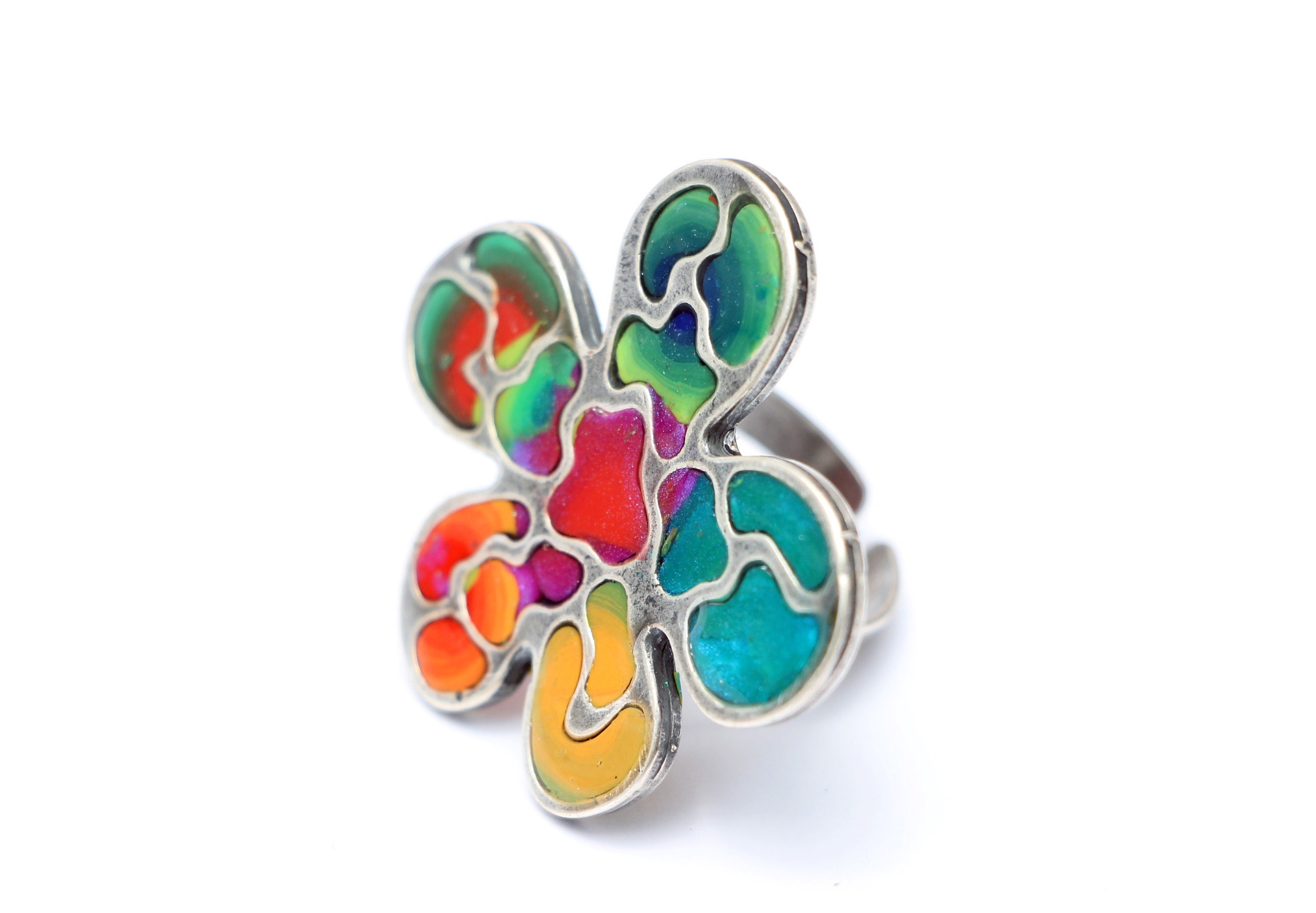Multi Color Flower Ring, Adjustable Statement Ring - Etsy