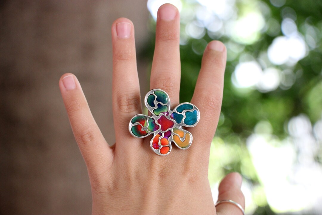 Multi Color Flower Ring, Adjustable Statement Ring - Etsy
