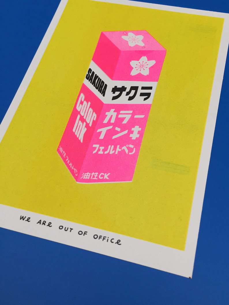 A Risograph Print of a Very Bright Japanese Package of Pink Sakura Ink ...