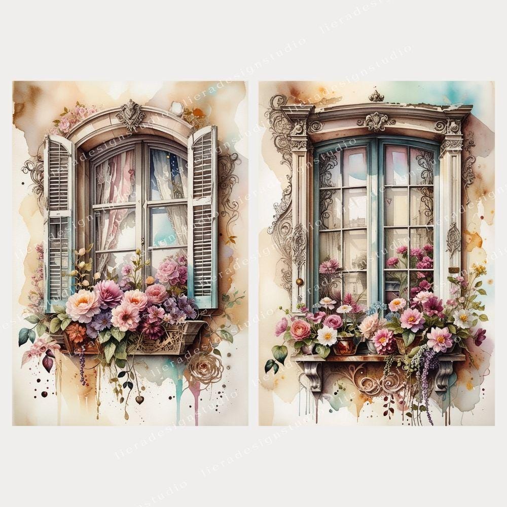 Vintage Windows Junk Journal Pages Bundle, Shabby Chic Windows Cards ...