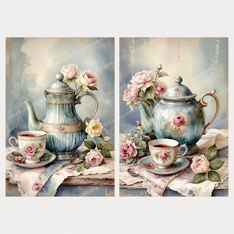 Shabby Chic Teapot and a Cup Junk Journal Pages Bundle, Vintage Teapot ...