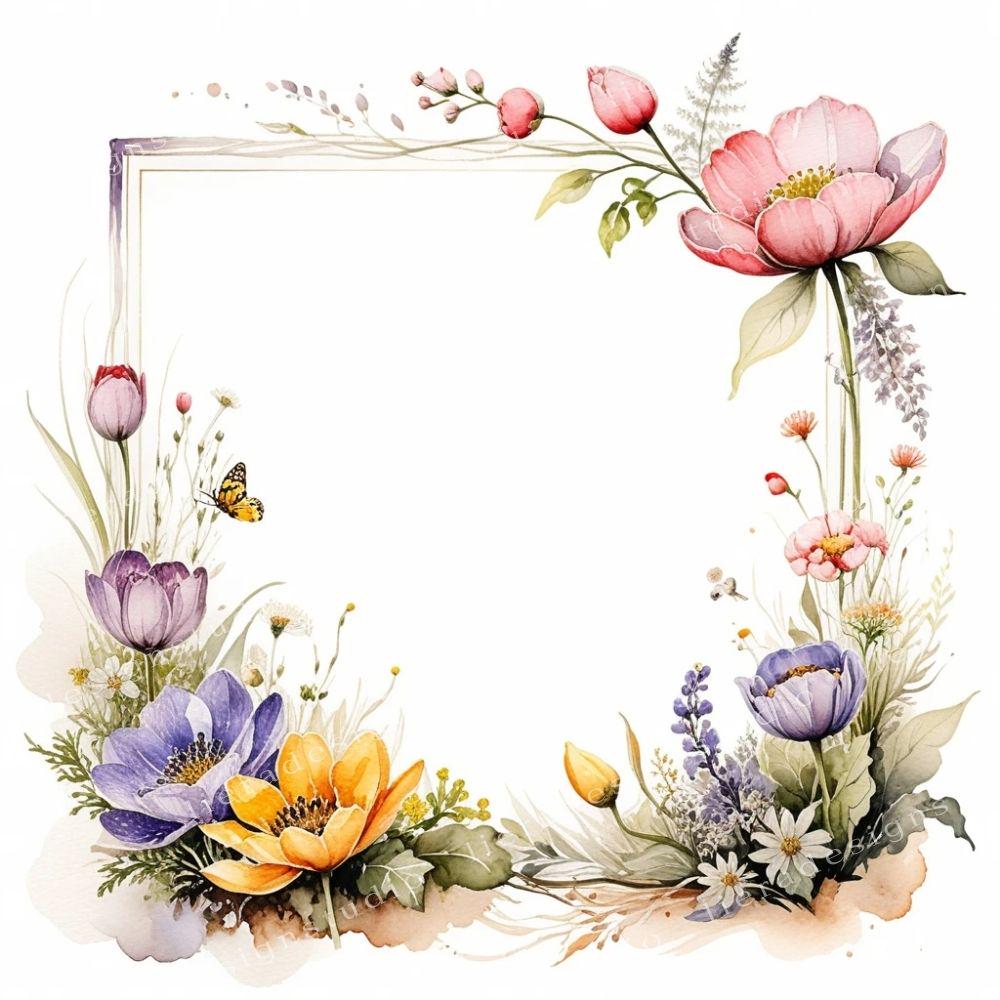10 Spring Flowers Frame Clipart, Spring Flowers Watercolor, Spring ...