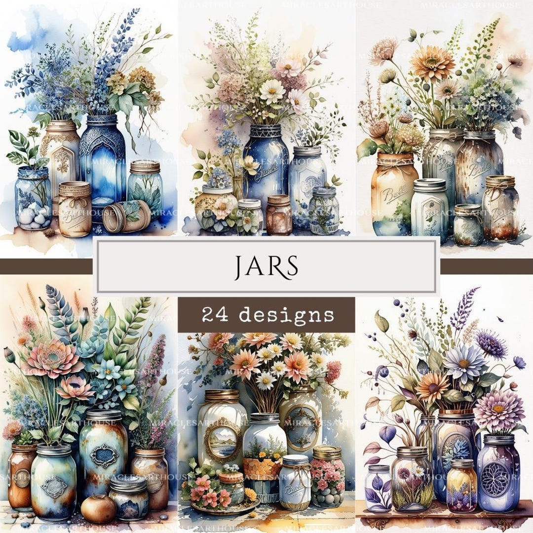 Vintage Jars Junk Journal Pages Bundle, Vintage Jars Watercolor ...