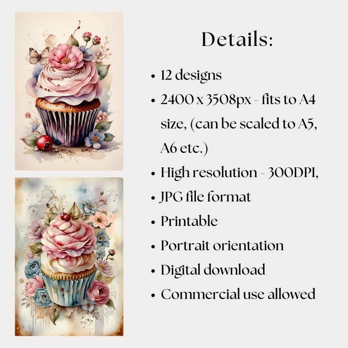 Shabby Chic Cupcake Junk Journal Pages Bundle, Vintage Cupcake Cards ...