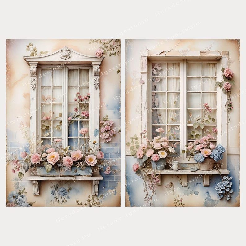 Vintage Windows Junk Journal Pages Bundle, Shabby Chic Windows Cards ...