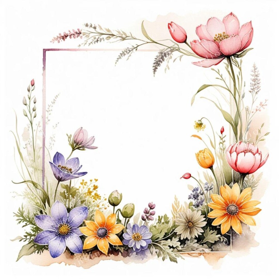 10 Spring Flowers Frame Clipart, Spring Flowers Watercolor, Spring ...