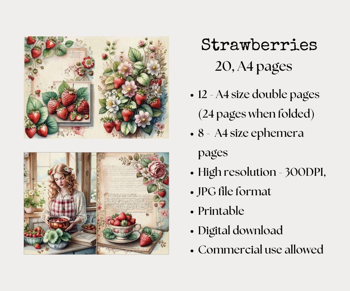 Strawberries Junk Journal Kit, Strawberries Junk Journal Pages ...