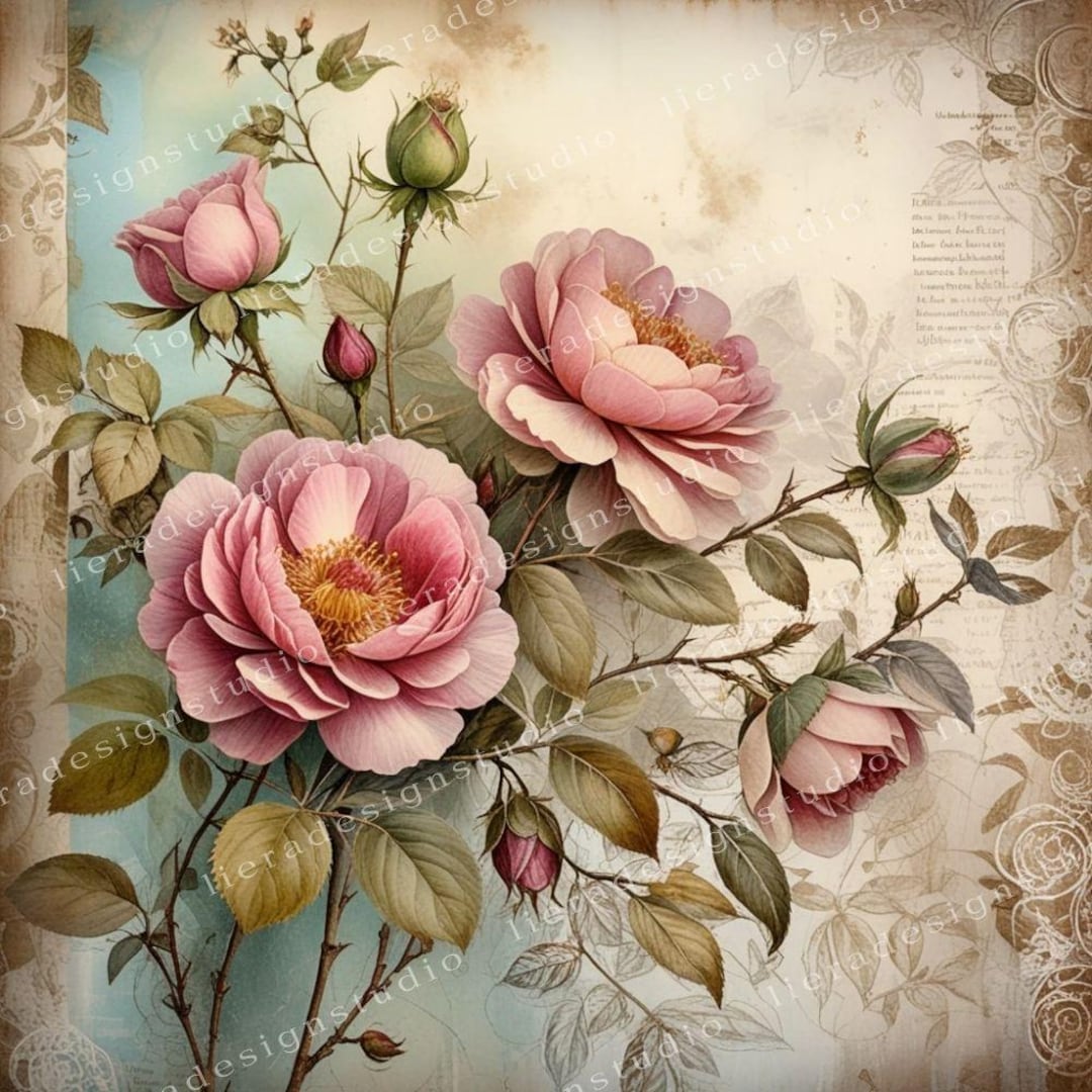 10 Shabby Chic Wild Roses Clipart, Shabby Chic Roses Paper, Shabby Chic ...
