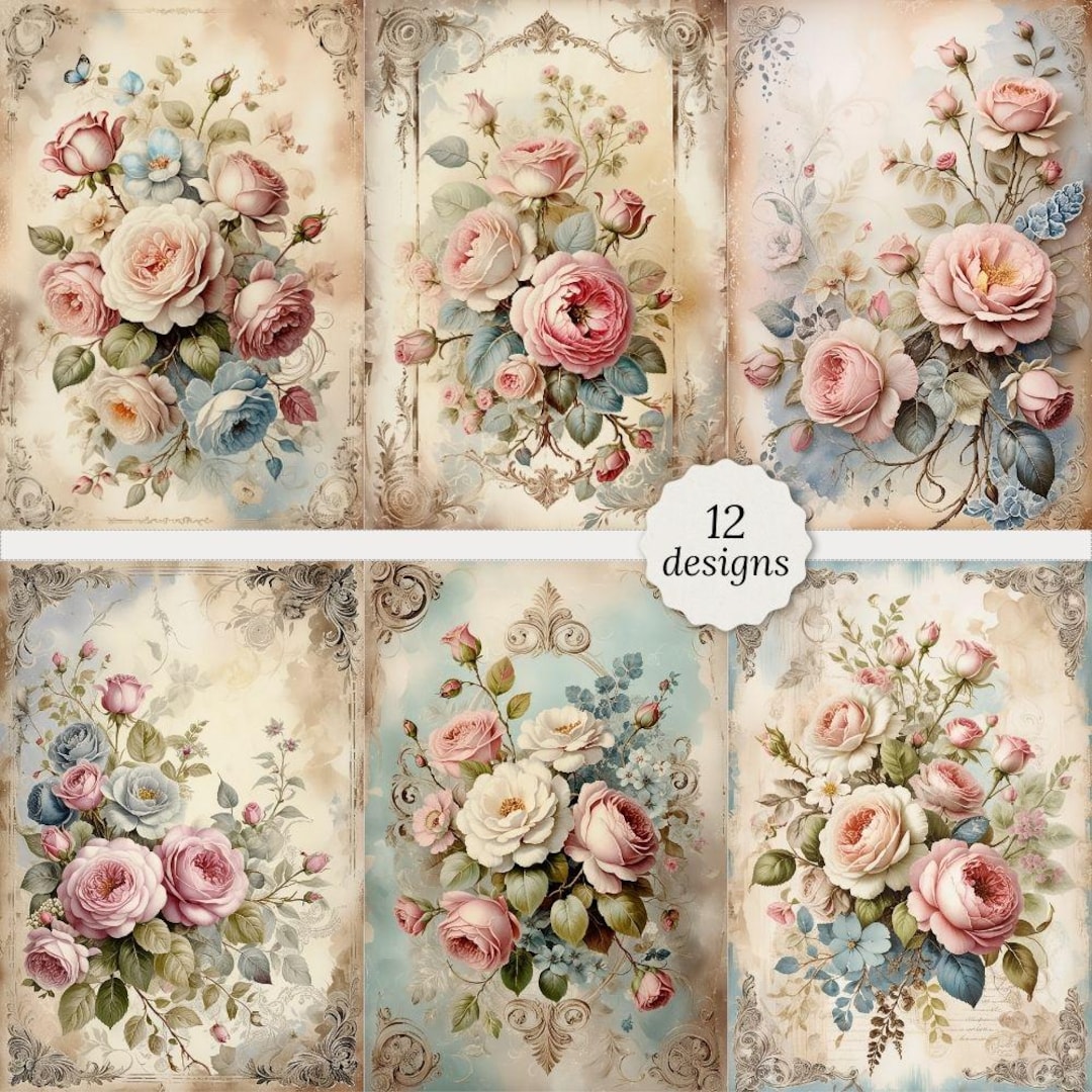 Vintage Baroque Florals Roses Pages Bundle, Vintage Baroque Roses Cards ...