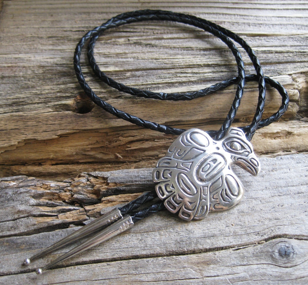 Sterling EAGLE BOLO String TIE, 38". Unisex Design Signed Alaska Collectible Haida Tlingit ...