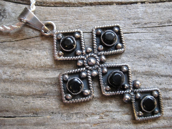 3" STERLING CROSS & volcanic black OBSIDIAN pendant n… - Gem