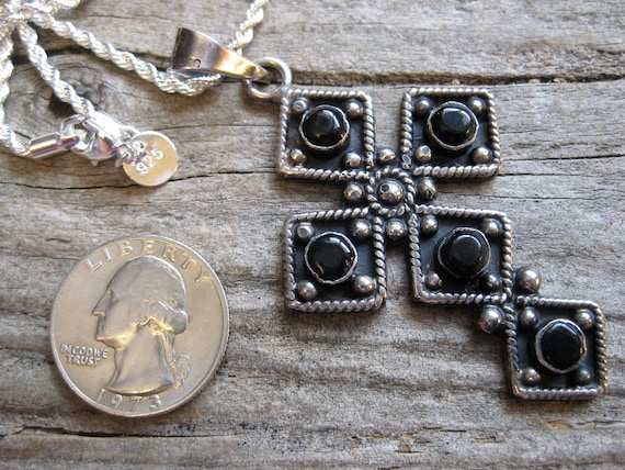 3" STERLING CROSS & volcanic black OBSIDIAN pendant n… - Gem