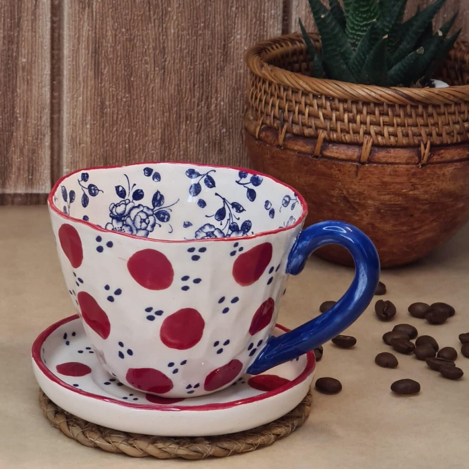 Handmade Ceramic Cup and Saucer, With Handle & Floral Sprig Design ...