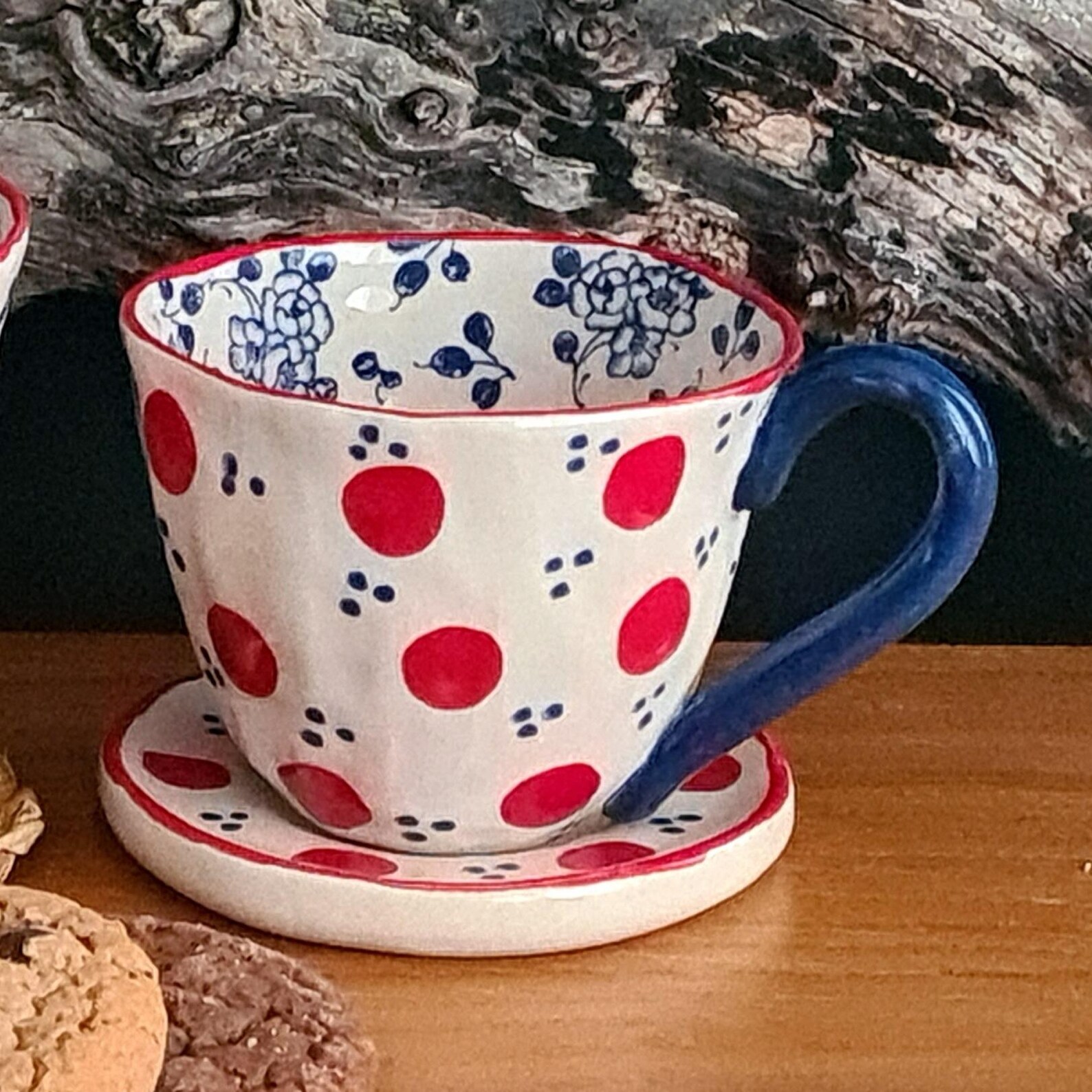Handmade Ceramic Cup and Saucer, With Handle & Floral Sprig Design ...
