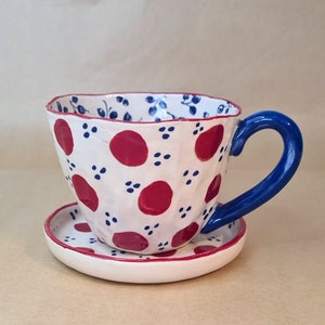 Handmade Ceramic Cup and Saucer, With Handle & Floral Sprig Design ...