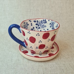 Handmade Ceramic Cup and Saucer, With Handle & Floral Sprig Design ...