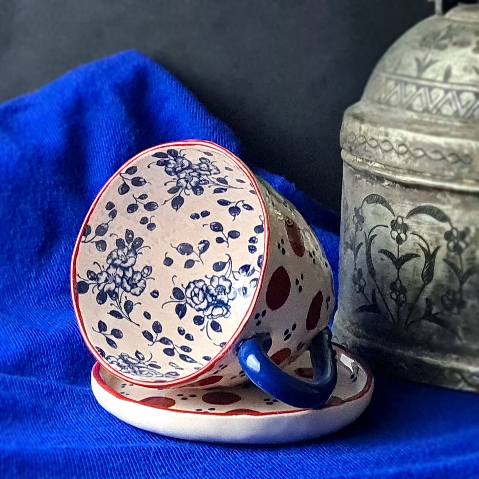 Handmade Ceramic Cup and Saucer, With Handle & Floral Sprig Design ...