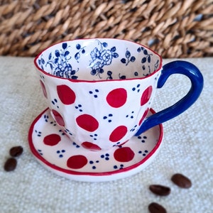Handmade Ceramic Cup and Saucer, With Handle & Floral Sprig Design ...