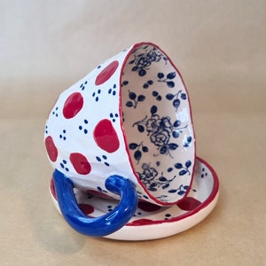 Handmade Ceramic Cup and Saucer, With Handle & Floral Sprig Design ...