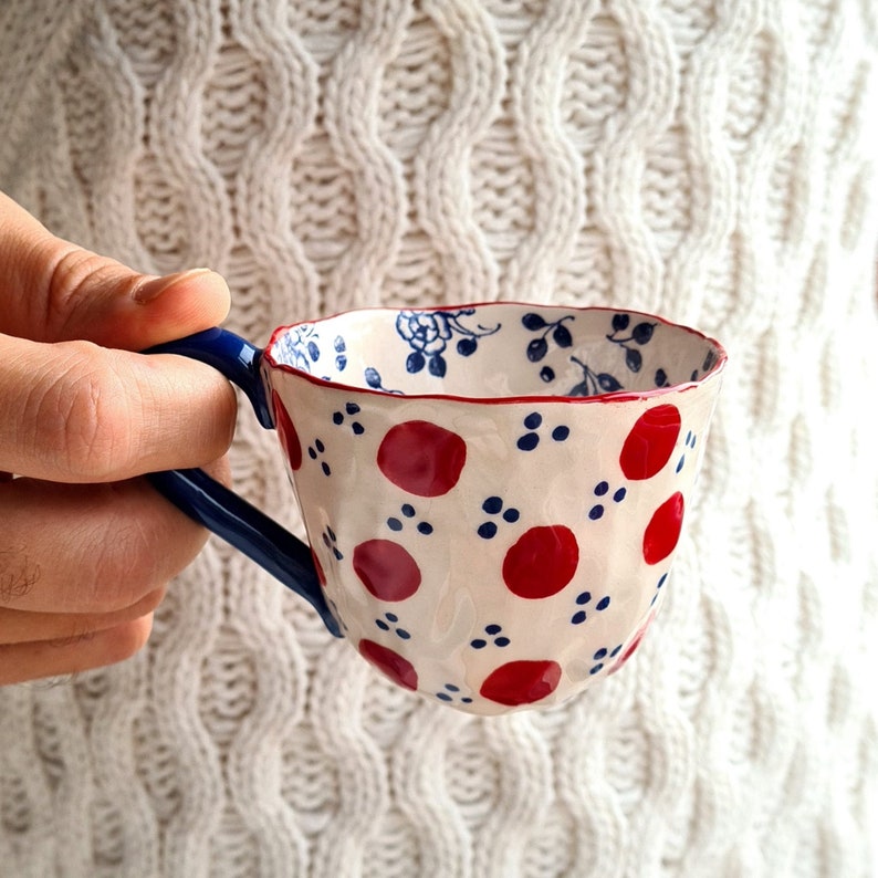 Handmade Ceramic Cup and Saucer, With Handle & Floral Sprig Design ...